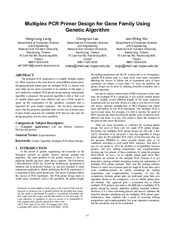 (PDF) Multiplex PCR primer design for gene family using genetic algorithm