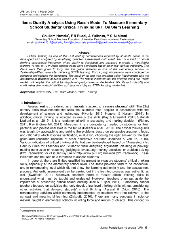 (PDF) Items Quality Analysis Using Rasch Model To Measure Elementary School Students’ Critical ...