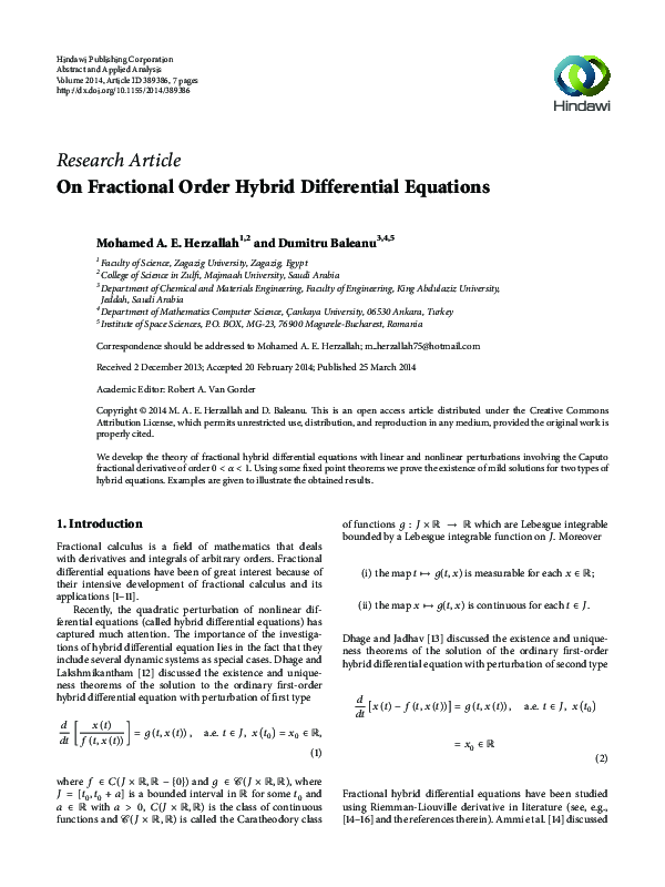 Pdf On Fractional Order Hybrid Differential Equations Mohamed