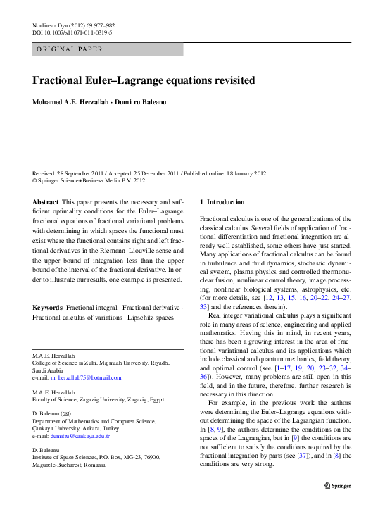 Pdf Fractional Euler Lagrange Equations Revisited
