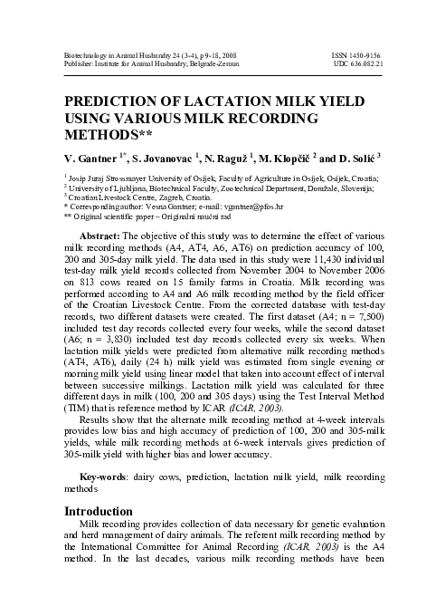 (PDF) Prediction of lactation milk yield using various milk recording ...