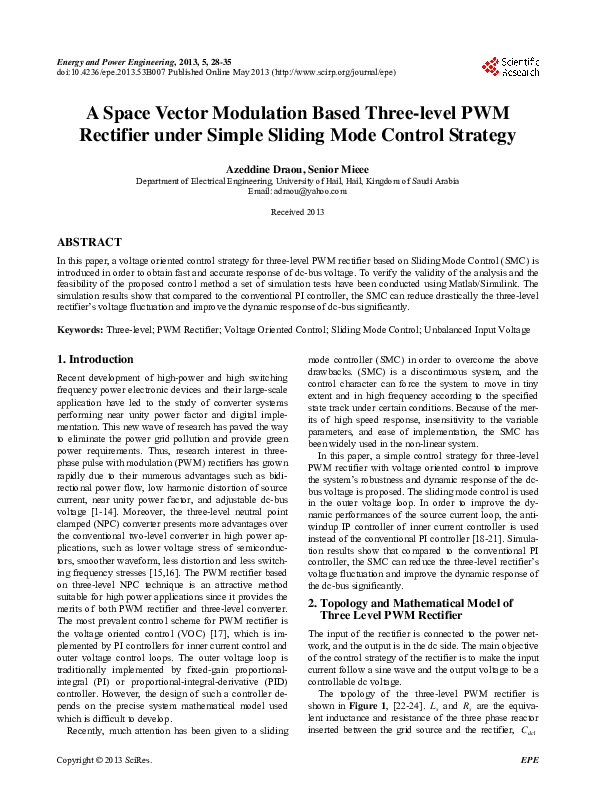 Pdf A Space Vector Modulation Based Three Level Pwm Rectifier Under Simple Sliding Mode 