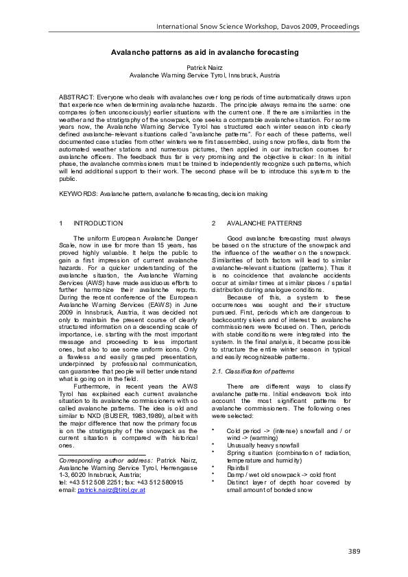 (PDF) Avalanche Patterns as Aid in Avalanche Forecasting