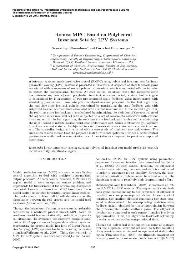Pdf Robust Mpc Based On Polyhedral Invariant Sets For Lpv Systems