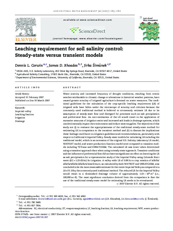 (PDF) Leaching requirement for soil salinity control: Steady-state ...