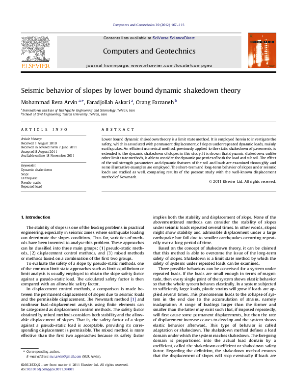 (PDF) Seismic behavior of slopes by lower bound dynamic shakedown theory