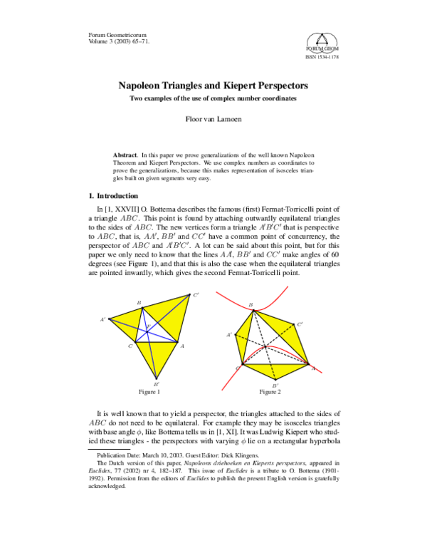 (PDF) Napoleon Triangles and Kiepert Perspectors Two examples of the ...