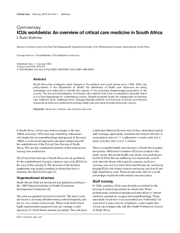 (PDF) ICUs worldwide: an overview of critical care medicine in South Africa