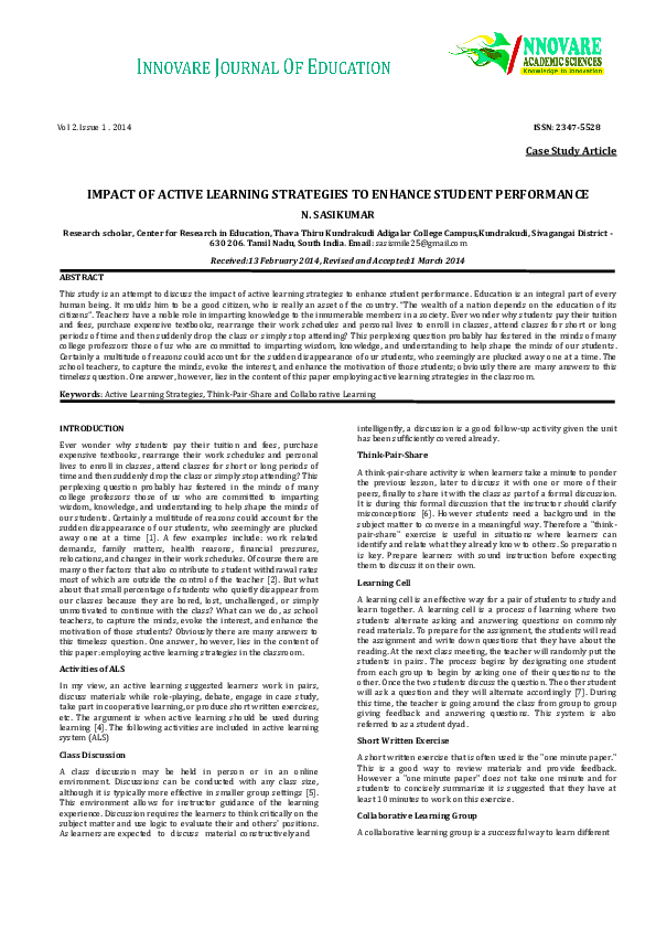 (PDF) IMPACT OF ACTIVE LEARNING STRATEGIES TO ENHANCE STUDENT PERFORMANCE