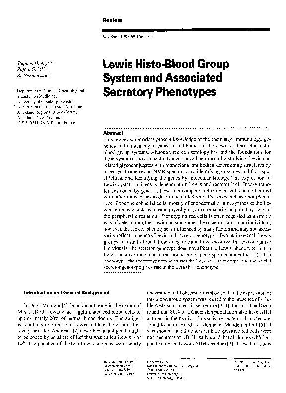 (PDF) Lewis Histo-Blood Group System and Associated Secretory Phenotypes
