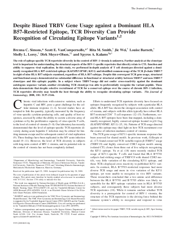 (PDF) Despite Biased TRBV Gene Usage against a Dominant HLA B57 ...