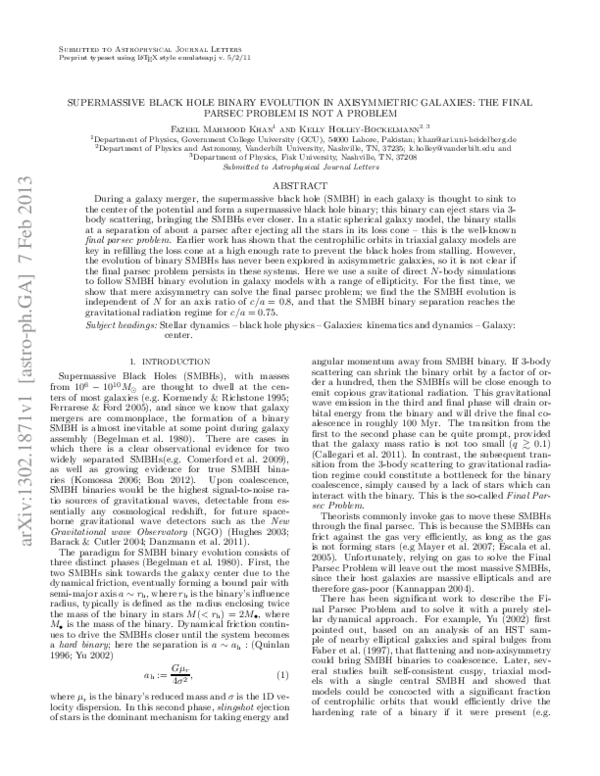 (PDF) Supermassive Black Hole Binary Evolution in Axisymmetric Galaxies: The Final Parsec ...