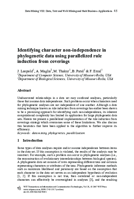 (PDF) Identifying character non-independence in phylogenetic data using parallelized rule ...