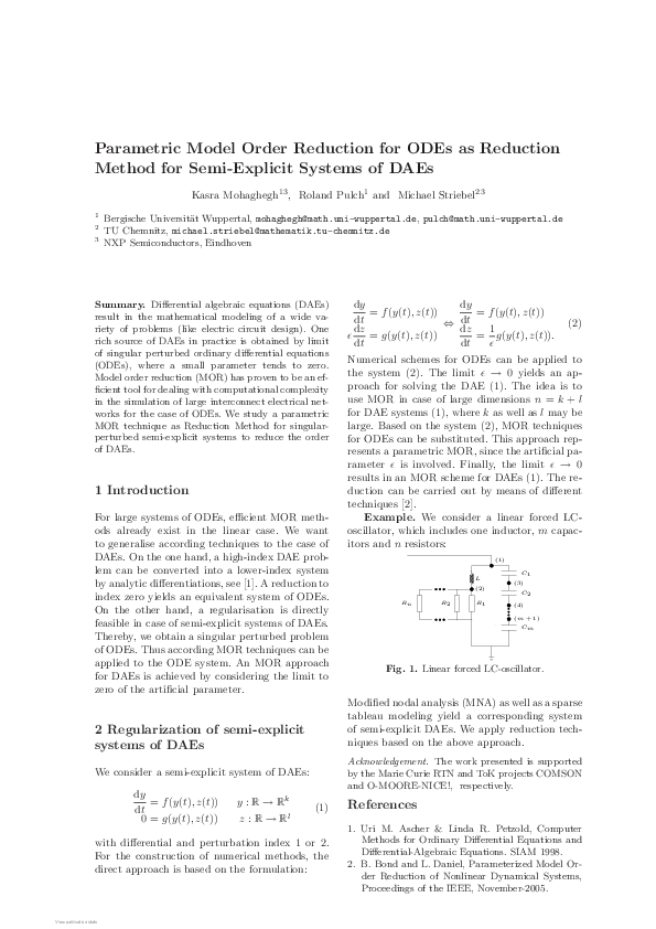 Pdf Parametric Model Order Reduction For Odes As Reduction Method For