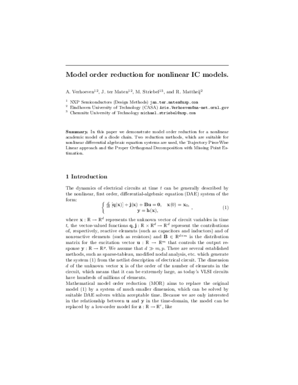 Pdf Proper Orthogonal Decomposition Model Order Reduction Of Nonlinear Ic Models Tamara