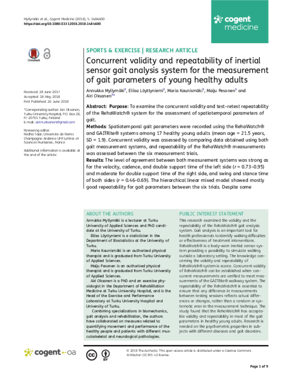 Pdf Concurrent Validity And Repeatability Of Inertial Sensor Gait