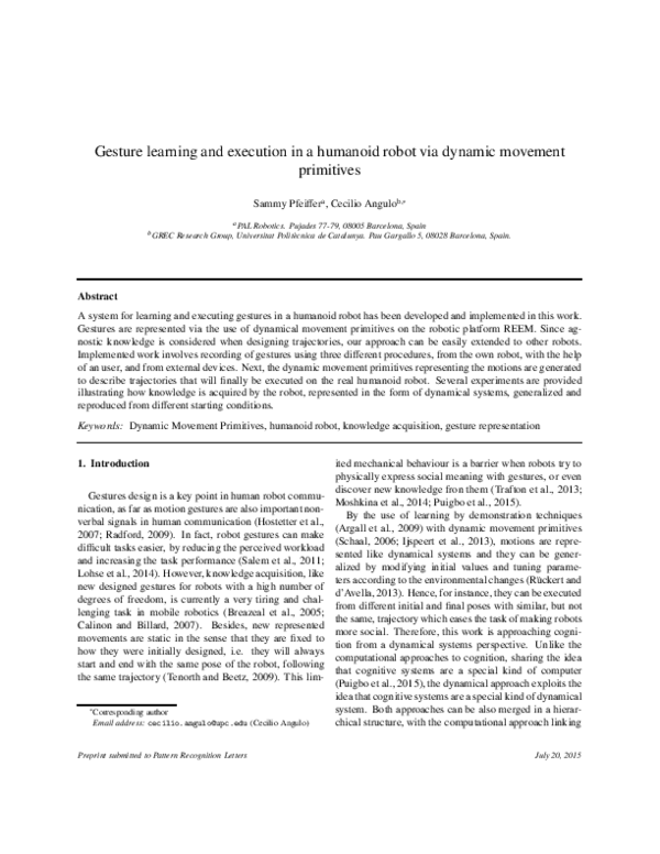 (PDF) Gesture learning and execution in a humanoid robot via dynamic ...