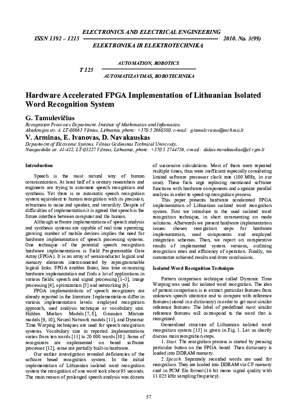 Pdf Hardware Accelerated Fpga Implementation Of Lithuanian Isolated Word Recognition System