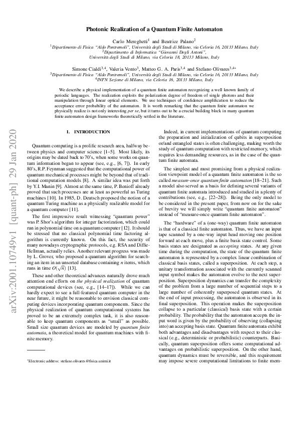 (PDF) Photonic realization of a quantum finite automaton