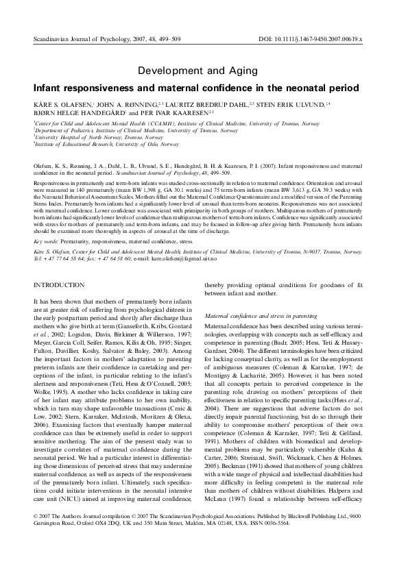 (PDF) Infant responsiveness and maternal confidence in the neonatal period