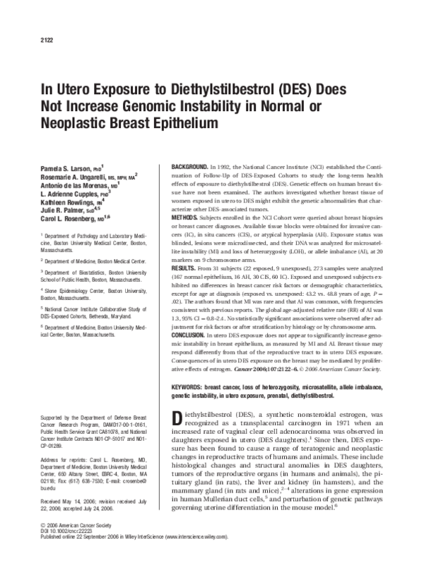 (PDF) In utero exposure to diethylstilbestrol (DES) does not increase ...