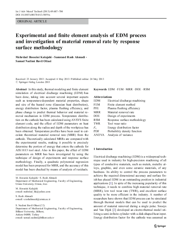 (PDF) Experimental and finite element analysis of EDM process and ...