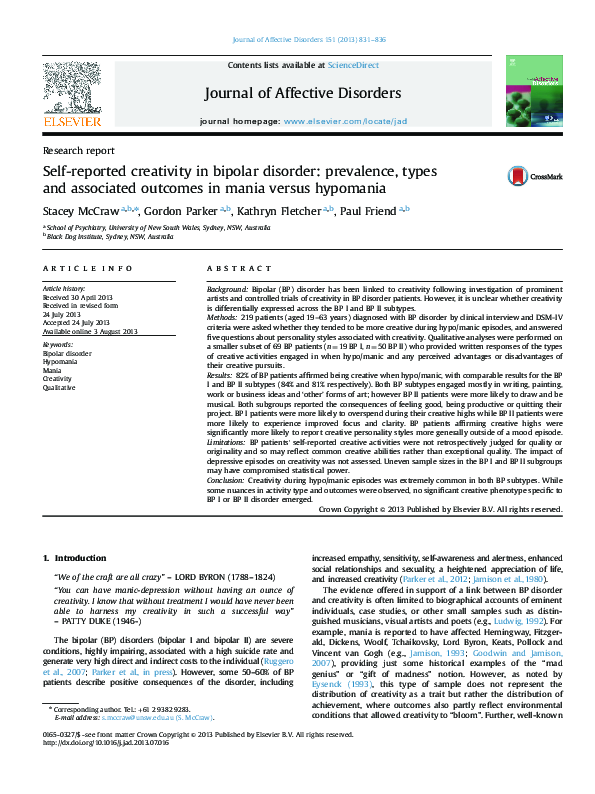(PDF) Creativity in Bipolar Disorder: Mania vs. Hypomania