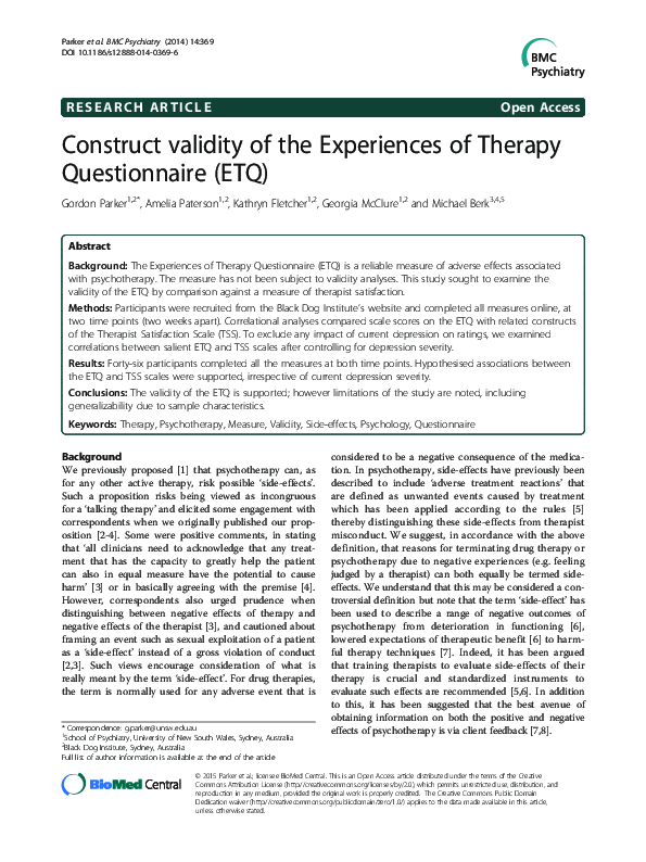 (PDF) Construct validity of the Experiences of Therapy Questionnaire (ETQ)