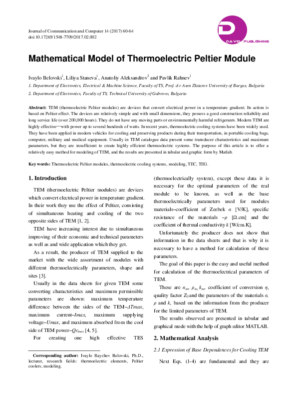 (PDF) Mathematical Model of Thermoelectric Peltier Module | Ivaylo Belovski - Academia.edu