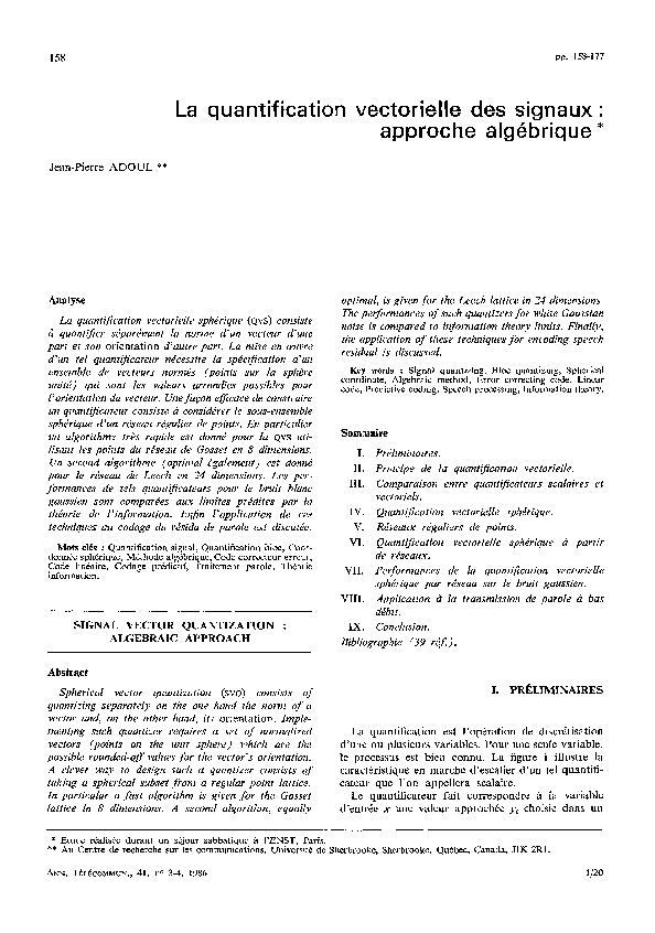 (PDF) La quantification vectorielle des signaux: approche algébrique