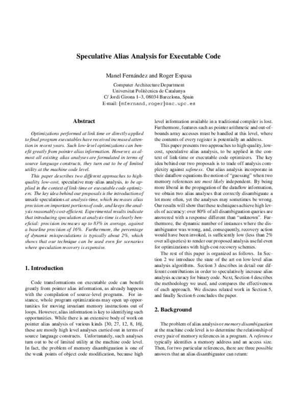 (PDF) Speculative alias analysis for executable code