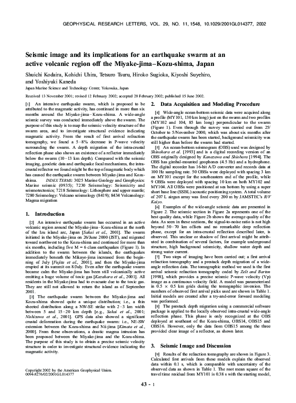(PDF) Seismic image and its implications for an earthquake swarm at an ...
