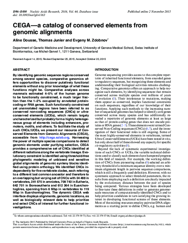 (PDF) CEGA—a catalog of conserved elements from genomic alignments