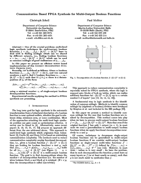 Pdf Communication Based Fpga Synthesis For Multi Output Boolean Functions