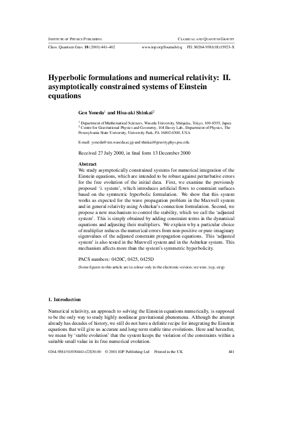 (PDF) Hyperbolic formulations and numerical relativity: II. asymptotically constrained systems ...