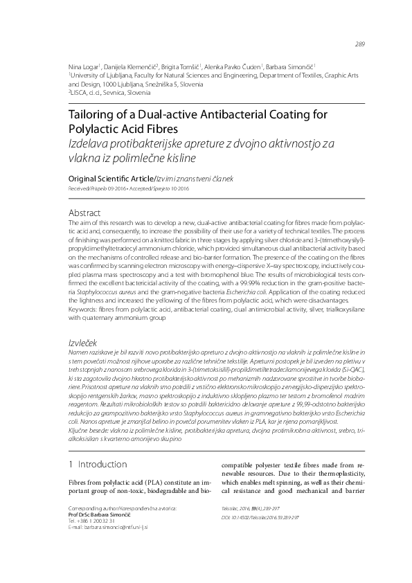 (PDF) Tailoring of a Dual-active Antibacterial Coating for Polylactic ...
