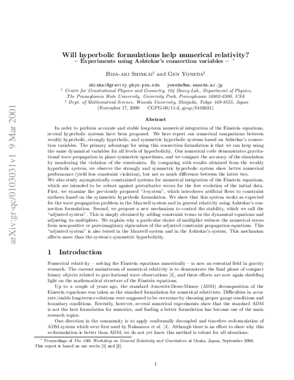 (PDF) Will hyperbolic formulations help numerical relativity?-Experiments using Ashtekar's ...