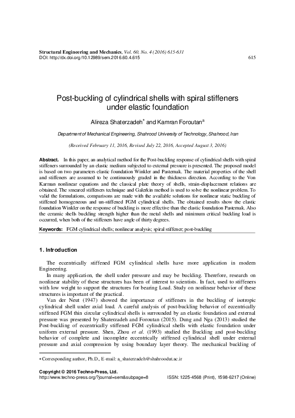 (PDF) Post-buckling of cylindrical shells with spiral stiffeners under elastic foundation