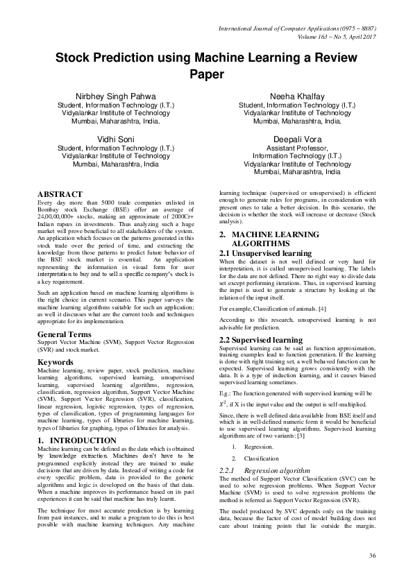 (PDF) Stock Prediction using Machine Learning a Review Paper