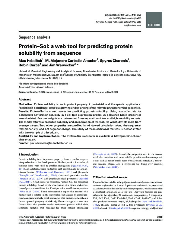(PDF) Protein-Sol: A web tool for predicting protein solubility from sequence