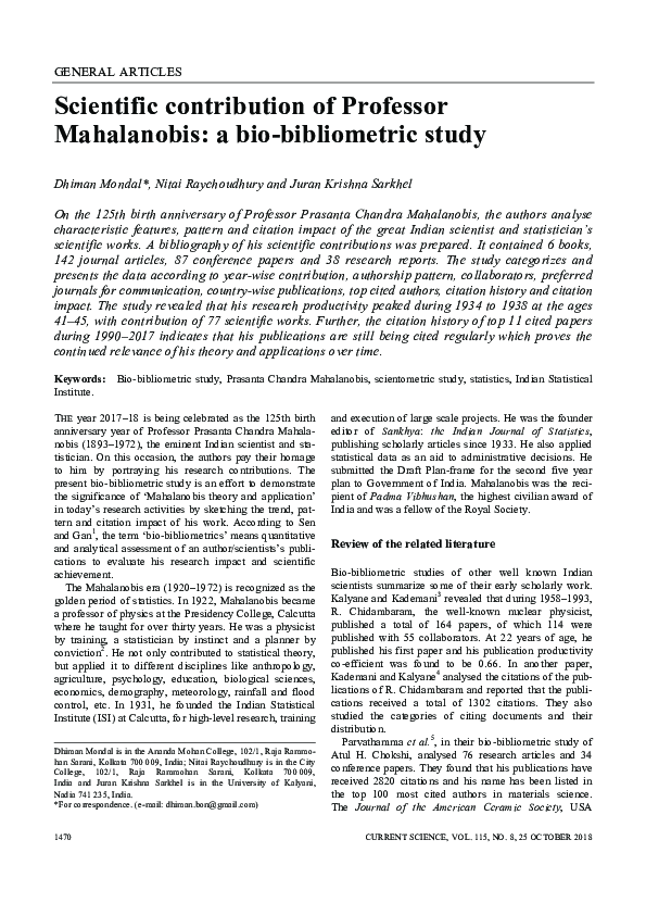(PDF) Scientific Contribution of Professor Mahalanobis:A Bio ...