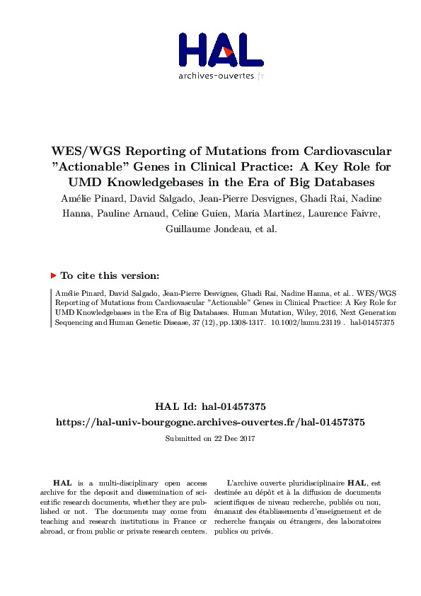 (PDF) WES/WGS Reporting of Mutations from Cardiovascular "Actionable ...