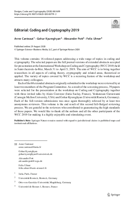 (PDF) Editorial: Coding and Cryptography 2019 | Felix Ulmer - Academia.edu