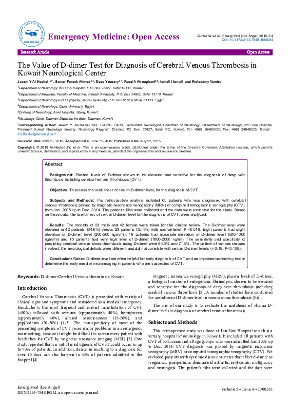 (PDF) The Value of D-dimer Test for Diagnosis of Cerebral Venous ...