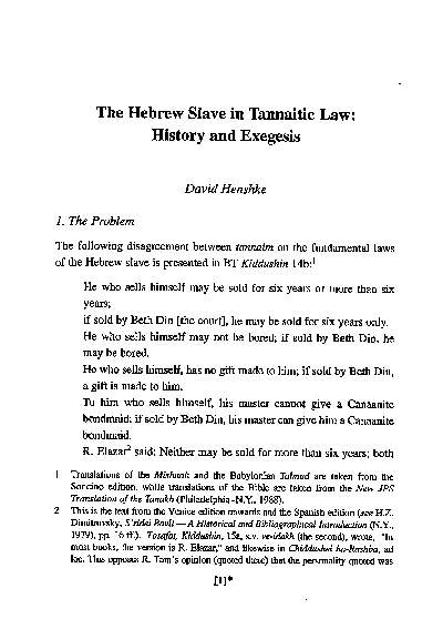(PDF) David Henshke, “The Hebrew Slave in Tannaitic Law: History and ...