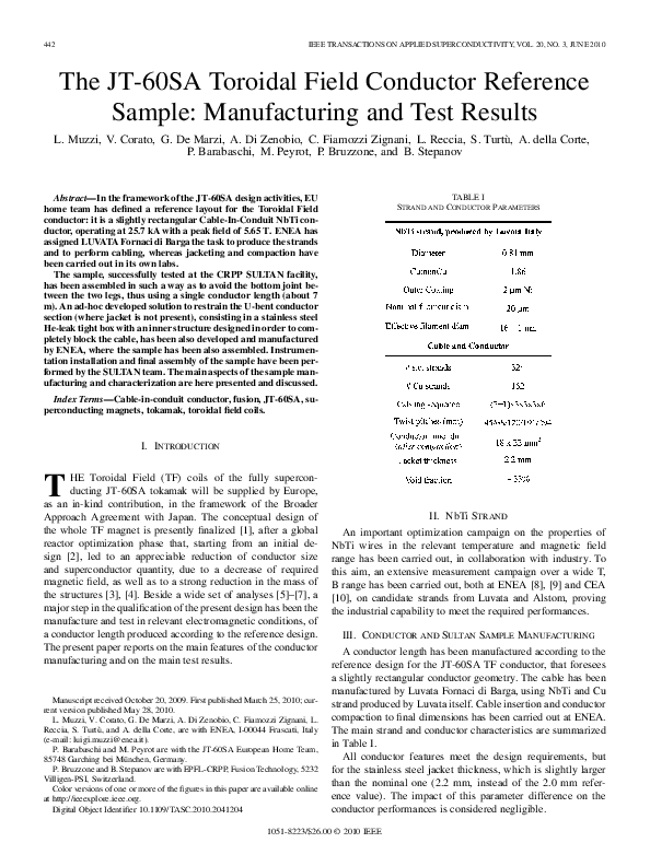 (PDF) The JT-60SA Toroidal Field Conductor Reference Sample ...