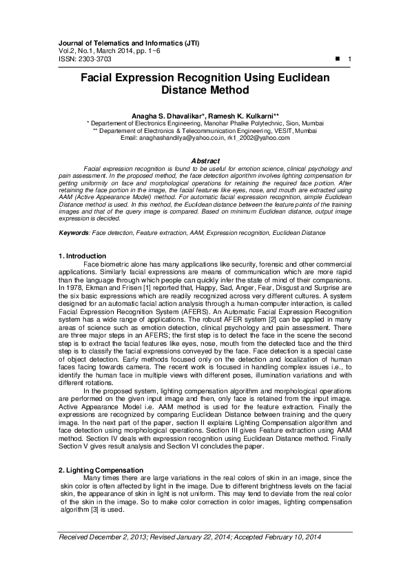 (PDF) Facial Expression Recognition Using Euclidean Distance Method