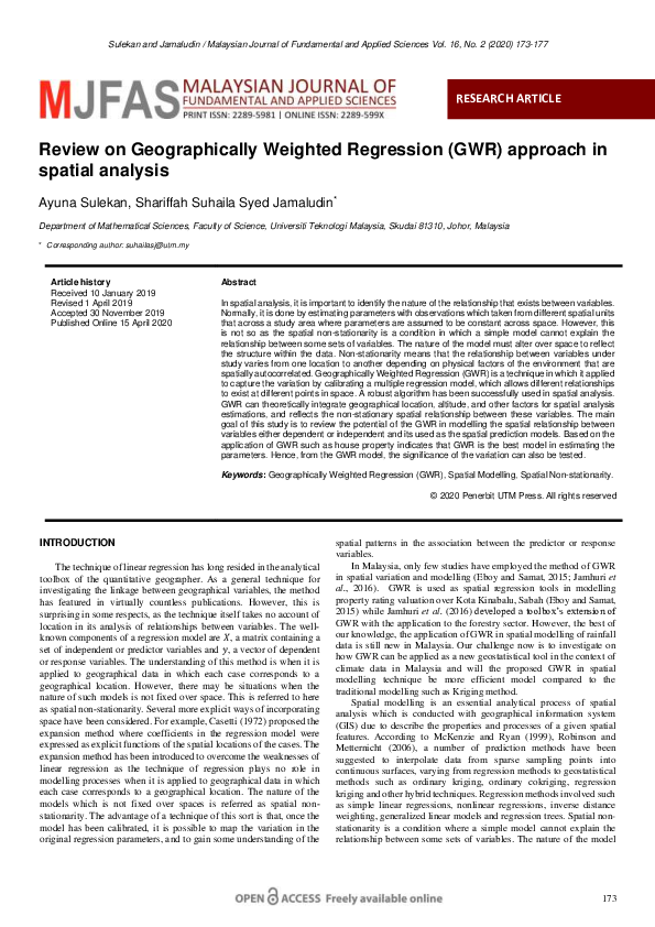 (PDF) Review on Geographically Weighted Regression (GWR) approach in ...