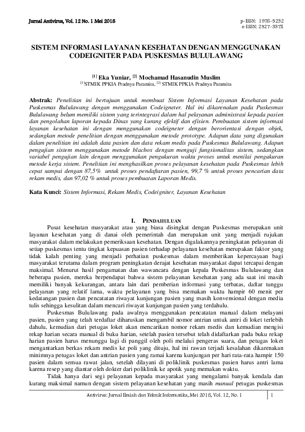 (PDF) Sistem Informasi Layanan Kesehatan Dengan Menggunakan Codeigniter Pada Puskesmas Bululawang