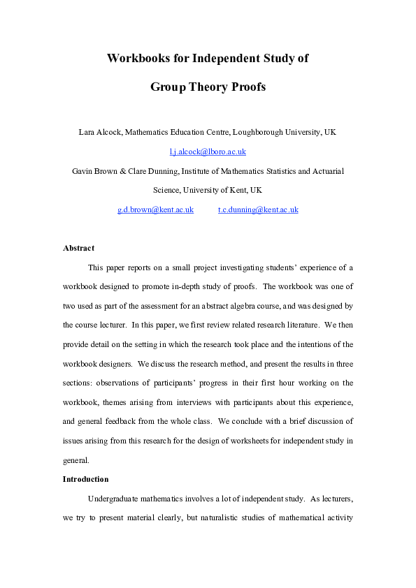 (PDF) Workbooks for Independent Study of Group Theory Proofs